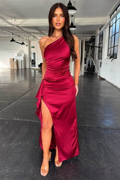 Elianna One Shoulder Satin Maxi Dress - Burgundy – Thats So Fetch AU